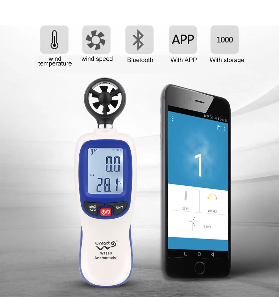 Wind Speed & Temperature Meter Digital Anemometer Air Flow Bluetooth W