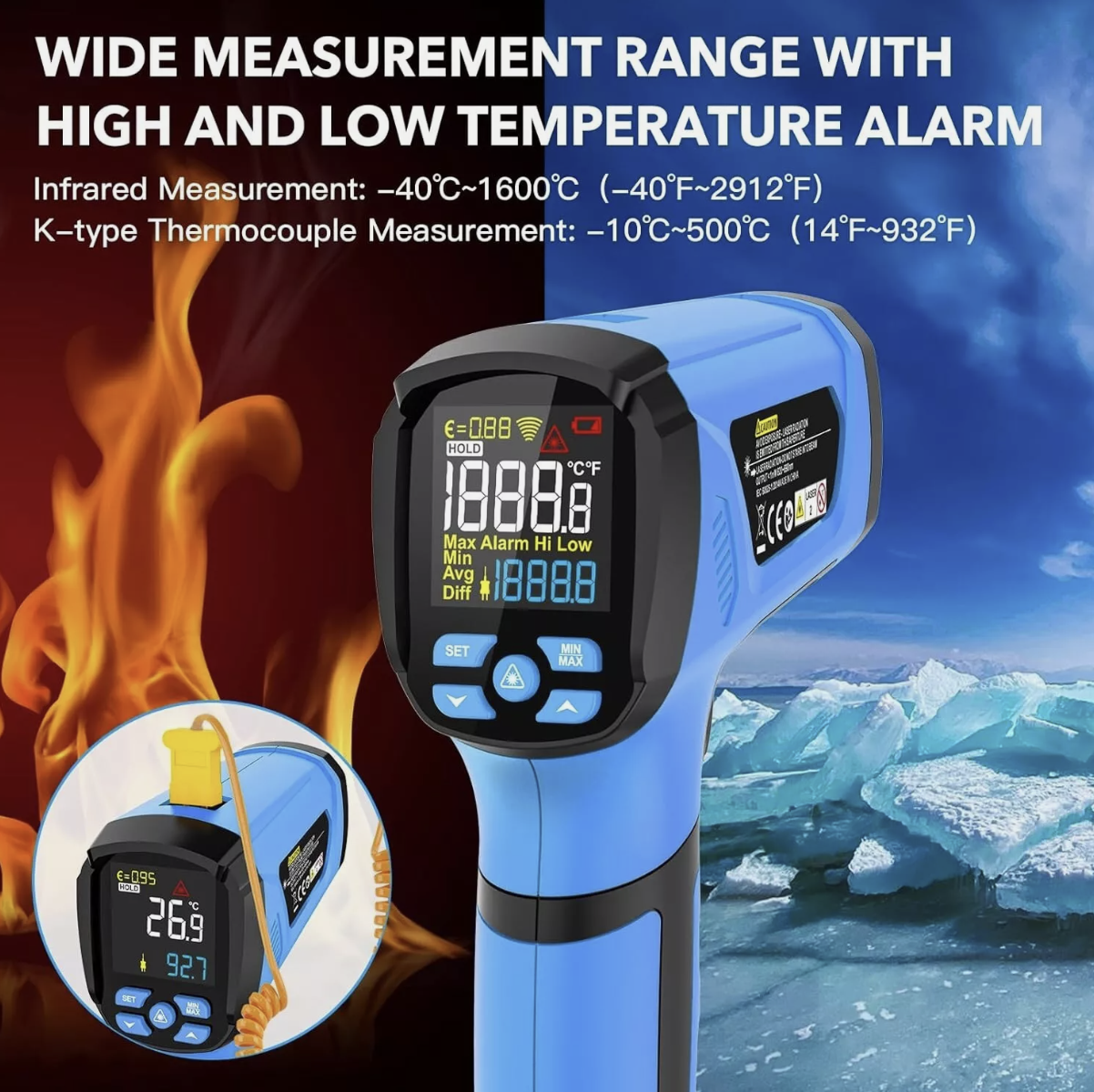 Infrared Thermometer -50 - 1600C High Temperature Non-Contact IR Temp