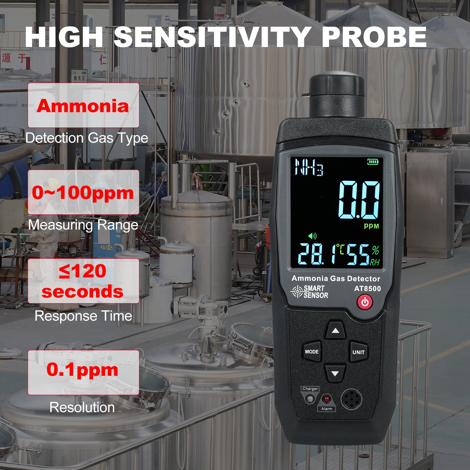 Ammonia Gas Detector Handheld Digital NH3 Gas Tester 0-100PPM Smart Se