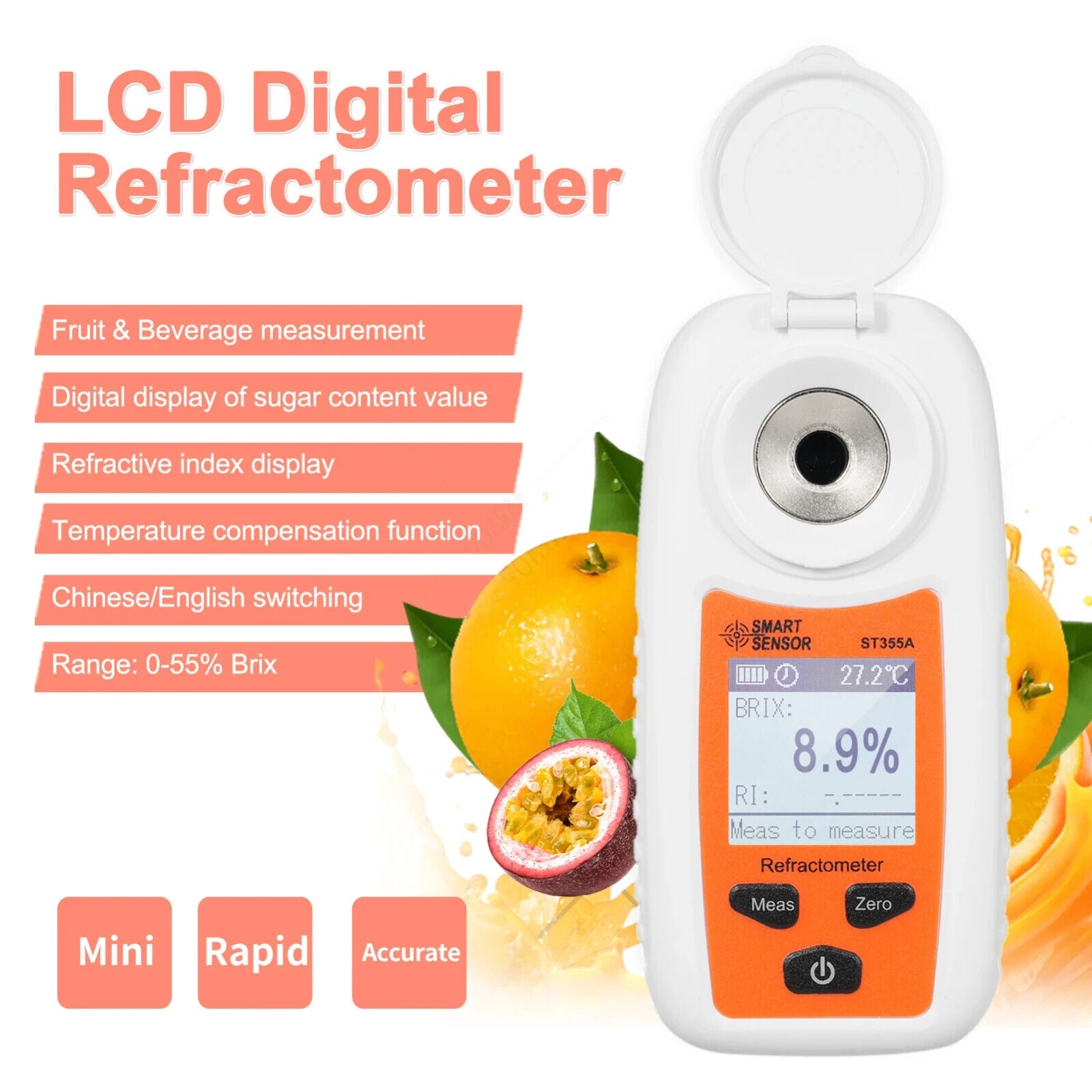 Refractometer Brix 0-55% Digital ATC Sugar Concentration Meter Tester