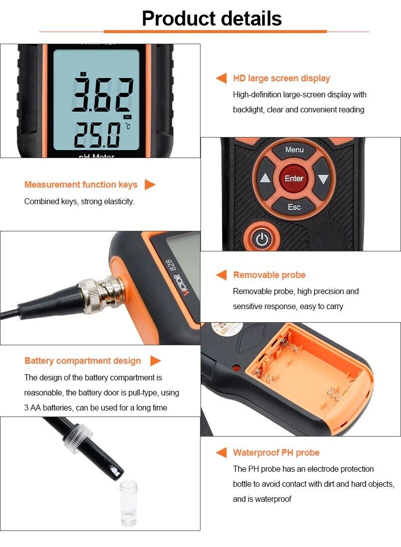 pH Temp Meter Millivolt Tester Monitor LCD Measure Instrument Water te