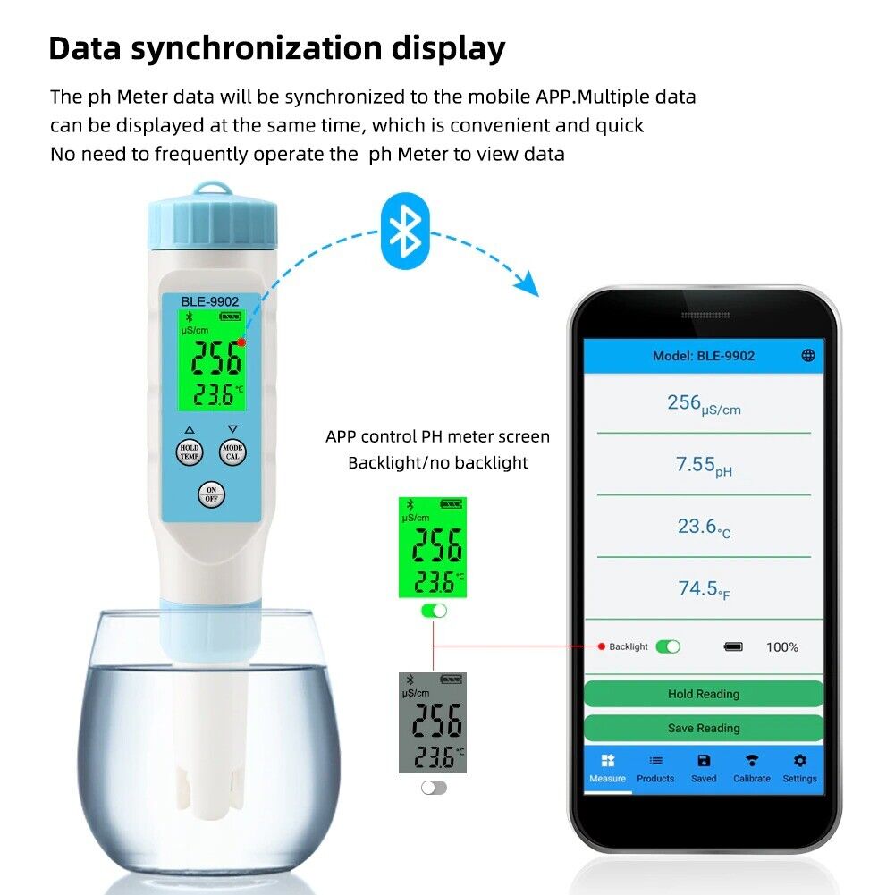 PH EC TEMP Tester Meter 3 in 1 Smart Bluetooth Data Logger Waterproof