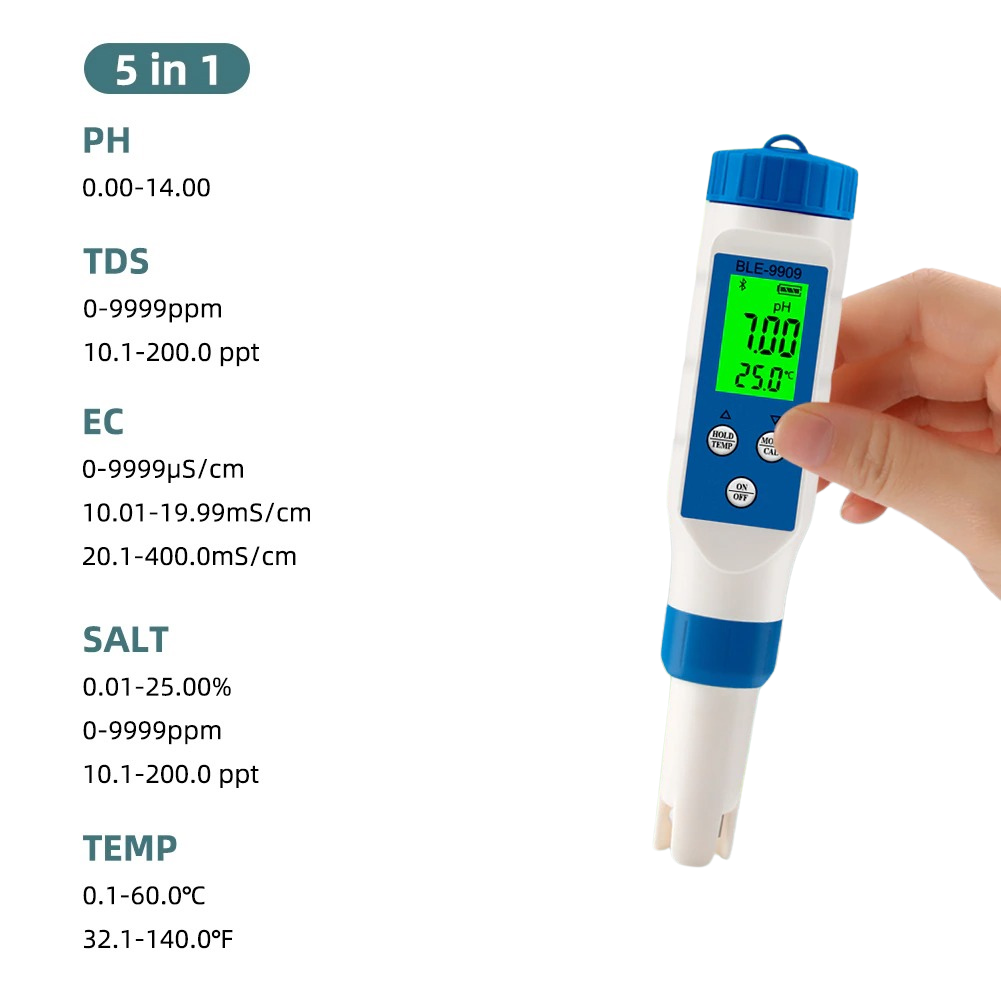 PH EC TDS Salinity TEMP 5 in 1 Meter Waterproof with Bluetooth Data Lo