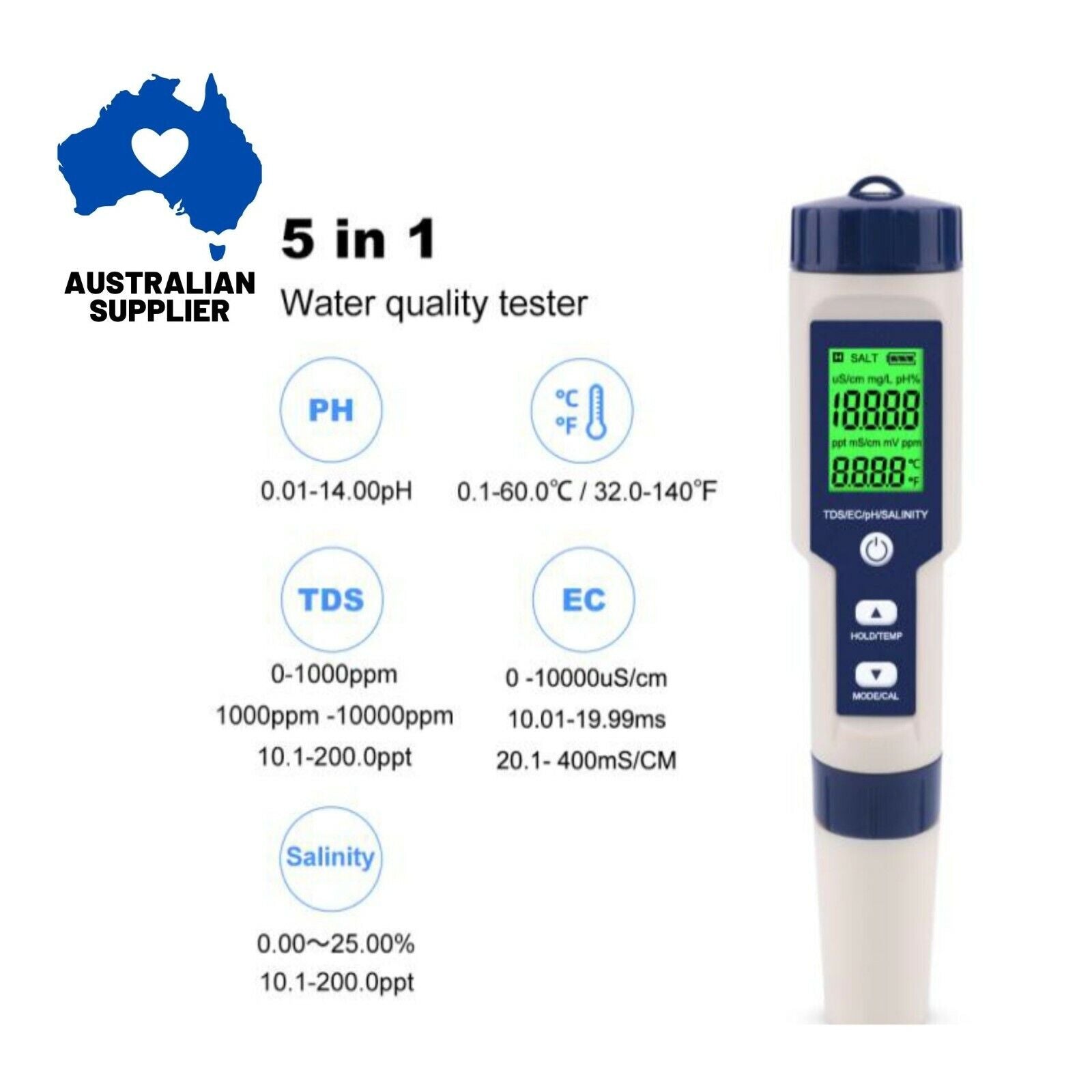 PH EC TDS Salinity Temp 5 in 1 Pen Meter LCD Digital Water Quality Mon
