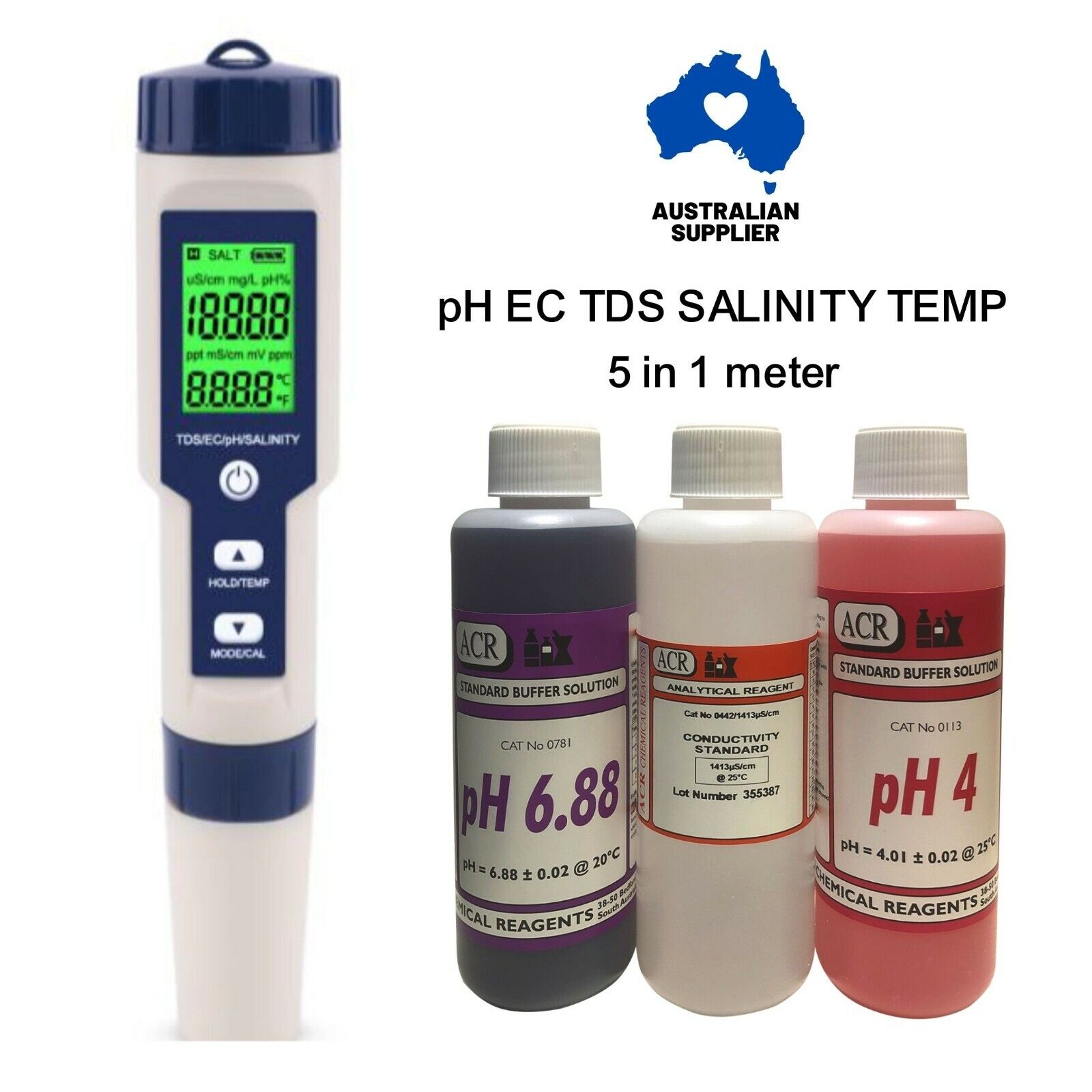 PH EC Conductivity TDS Salinity Temp 5 in 1 ATC Water Meter Monitor Te