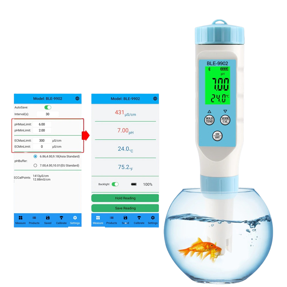PH EC TEMP Tester Meter 3 in 1 Smart Bluetooth Data Logger Waterproof