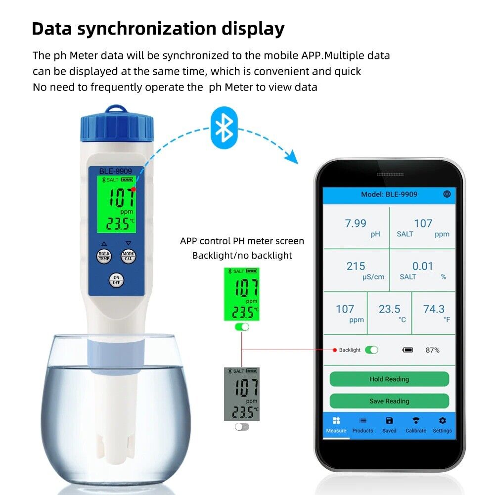 PH EC TDS Salinity TEMP 5 in 1 Meter Waterproof with Bluetooth Data Lo